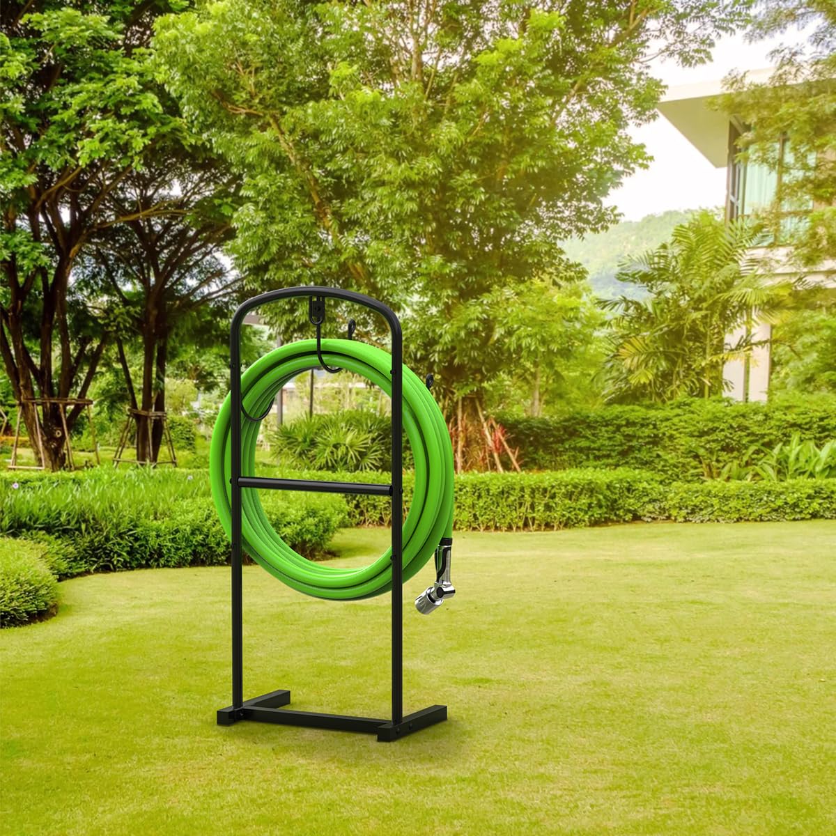 Venkuber Garden Hose Holder, Freestanding Water Hose Stand with Hanger Hooks Hose Rack for Yard Outside, Black