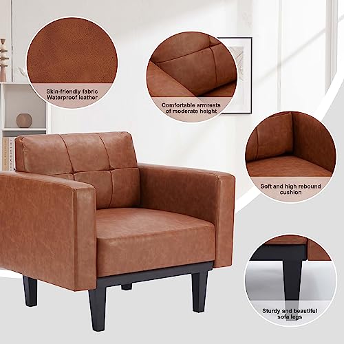 Mid-Century Modern Leather Accent Wood Base & Legs, Oversized Upholstered Single Sofa Chair, Comfy Living Room Armchairs for Apartment Bedroom Office Study, Cognac/Espresso…, 1 Pcs, Brown