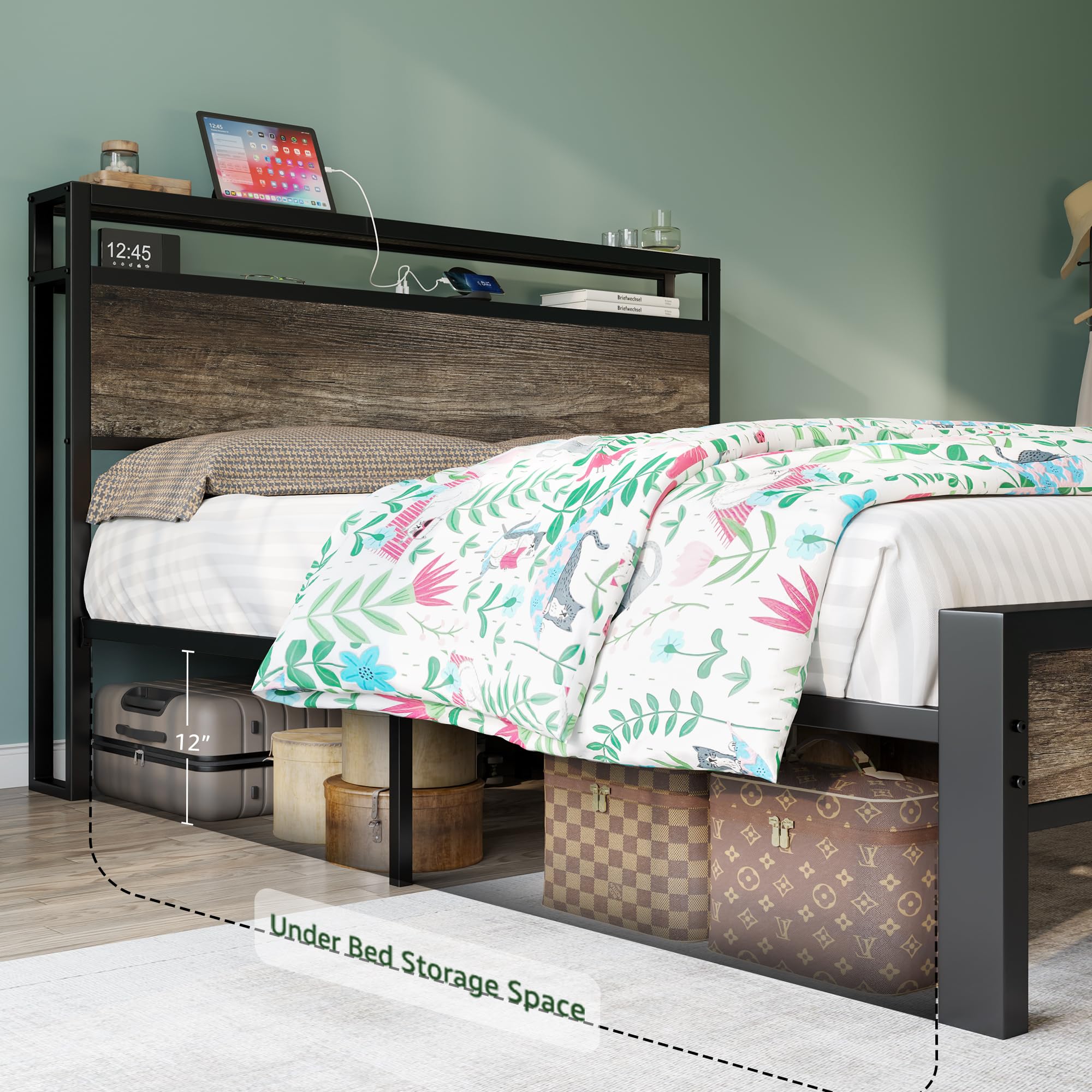 LUXOAK King Size Bed Frame, Platform Bed Frame with 2-Tier Storage Headboard and Charging Station/No Box Spring Needed/Noise Free/Industrial/Rustic Grey