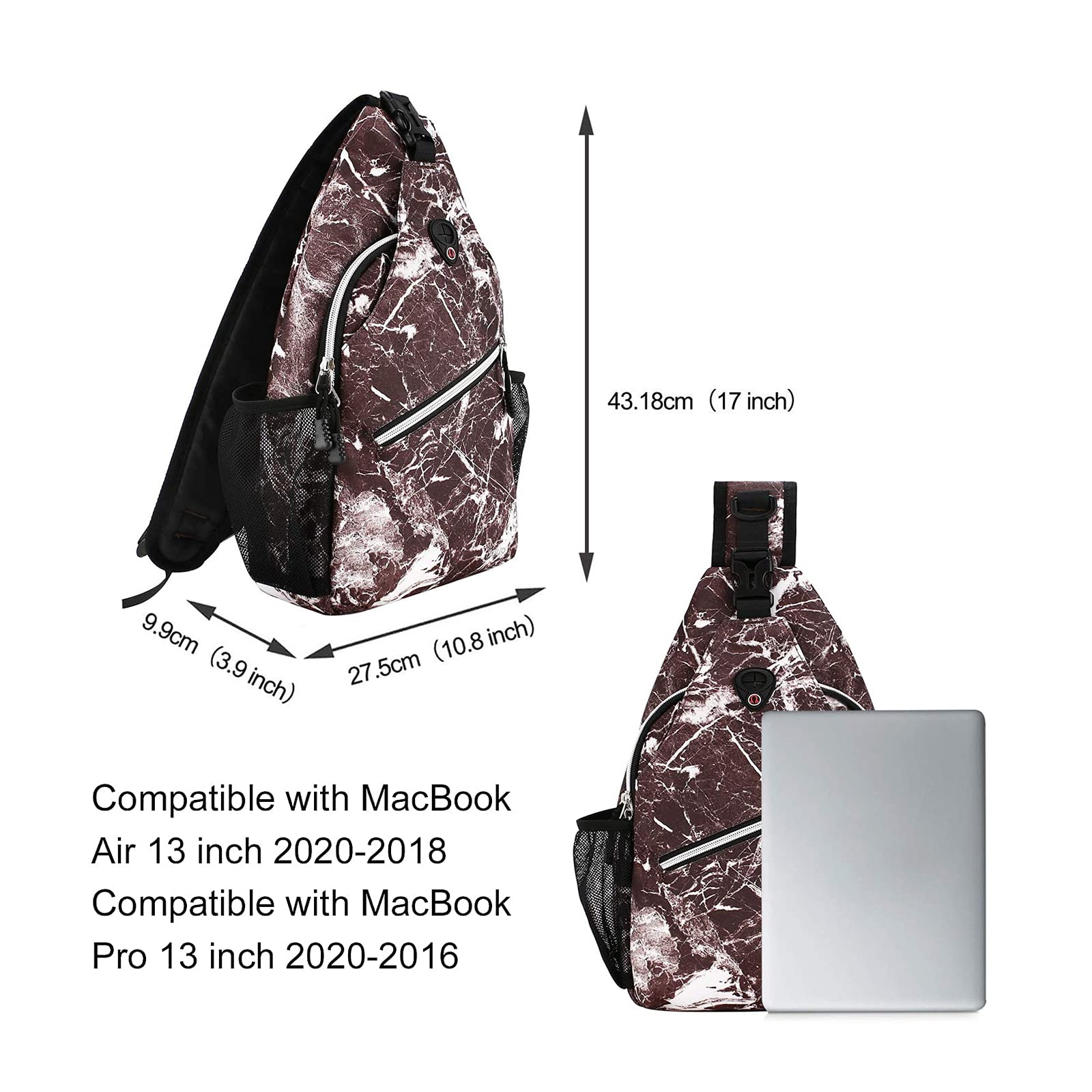 MOSISO 13 inch Sling Backpack, Multipurpose Hiking Daypack Outdoor Rope Crossbody Chest One Shoulder Bag, Brown Marble