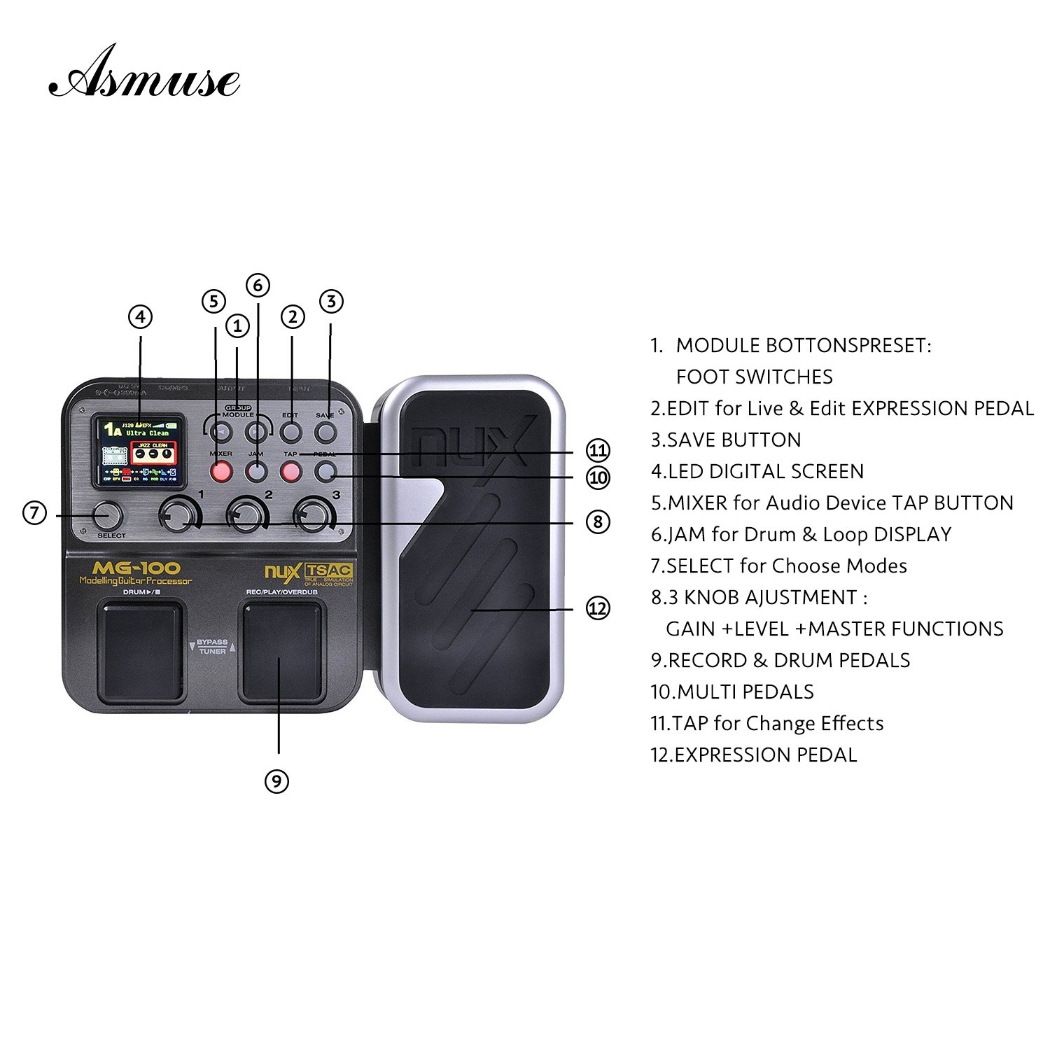 MG-100 Professional Multi-Effects Pedal Processor Musical Instrument Parts 40s Record 55 Effect Mode 10 Sound Di Box Electric Guitar and Bass Loop Amplifier Tube Pedal