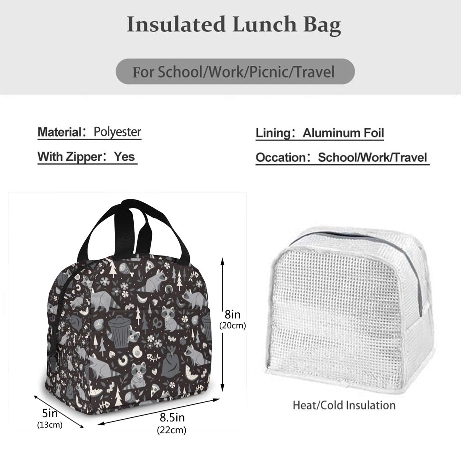 tianls Trashy Raccoons Lunch Bag Tote Bag Lunch Bag for WomenMen Lunch Box Insulated Lunch Container, One Size