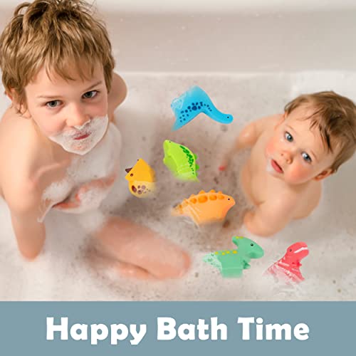 XDUOYJOY Dinosaur Baby Bath Toys Water Gun Squirt Set for Infants Toddlers Bathtub Beach Pool, Stacking Toy for Kids, 6 Pack