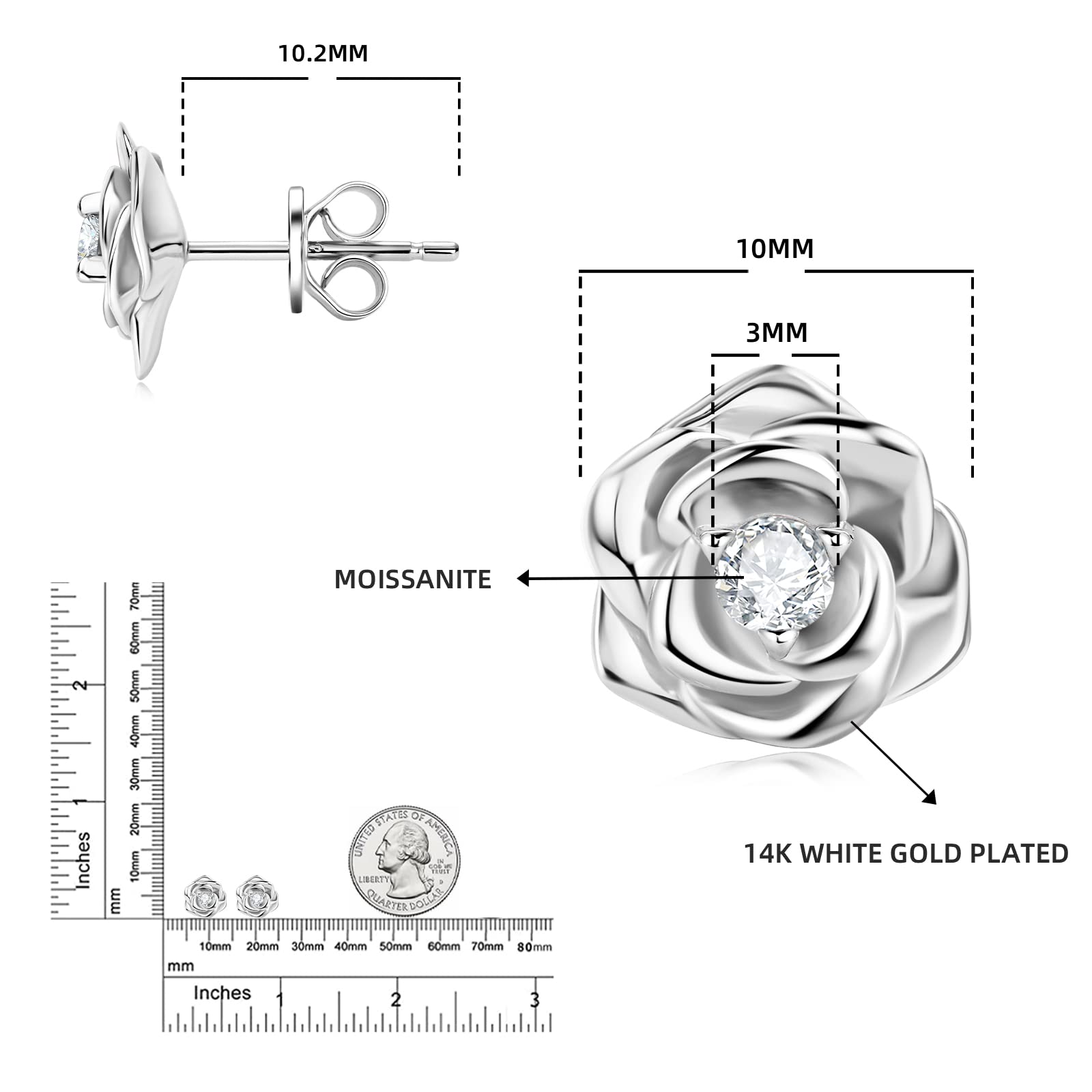 WOAINI Moissanite Earrings, Rose Flower Earring Studs, Nickel Free Hypoallergenic 925 Sterling Silver moissanite studs, Silver