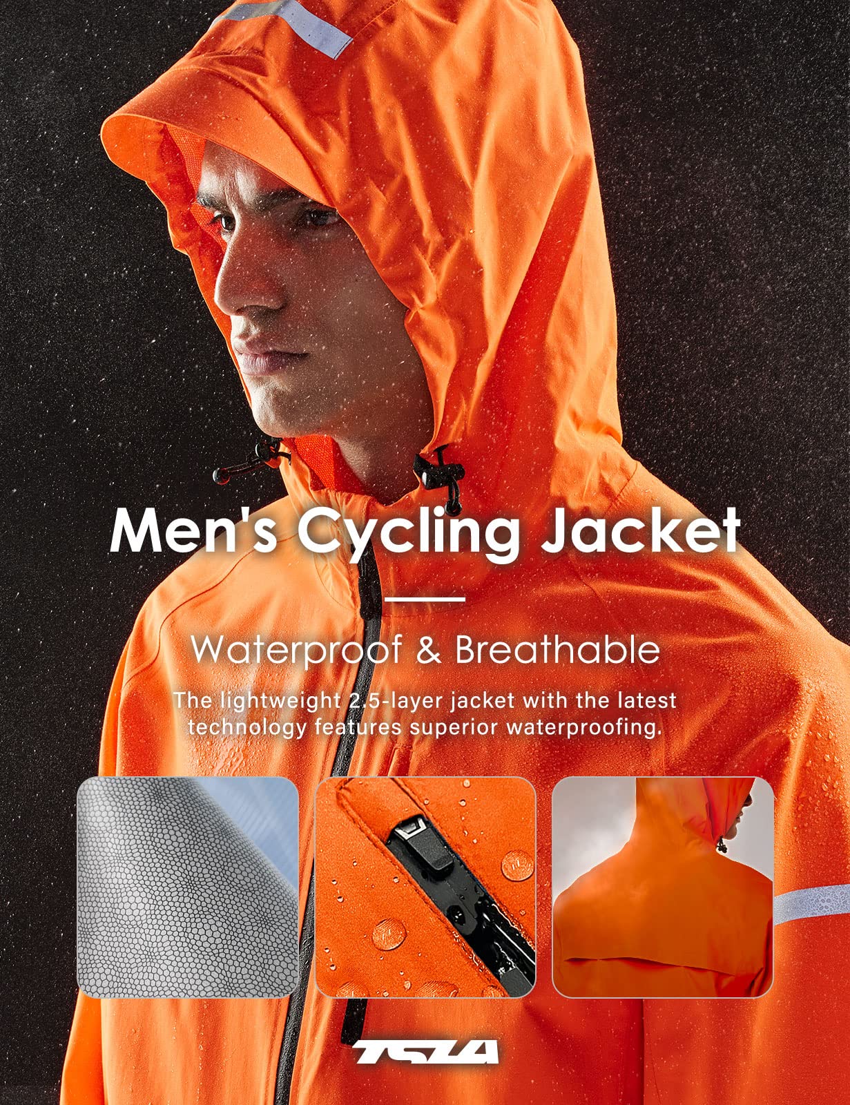 TSLA Men's Cycling Waterproof Jacket, Reflective Hoodie Windbreaker, Packable Bike Rain Jackets with Back Pocket, Cycling Neon Orange, Large