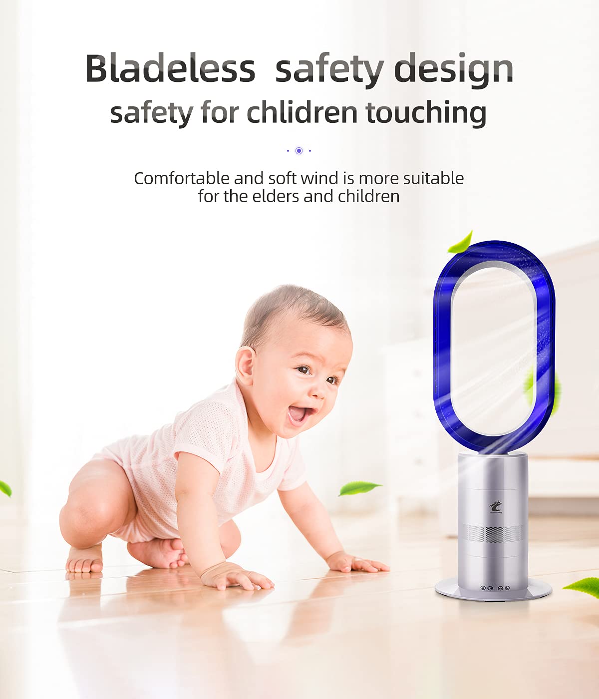 Ocean Loong AB01 Bladeless Tower Fan, 26 Inches 9 Speeds & 9H Timer Table Fan, White Air Circulator Fan for Bedroom Office