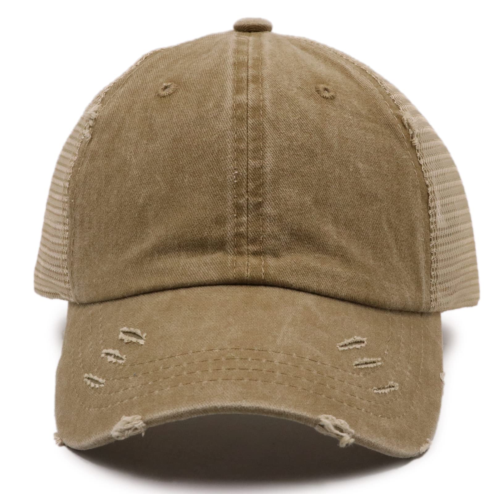 ProMindFun Womens Ponytail High Messy Bun Hats Distressed Baseball Caps Unconstructed Washed Dad Hat Girls Trucker Ponycaps (03-Light Khaki)