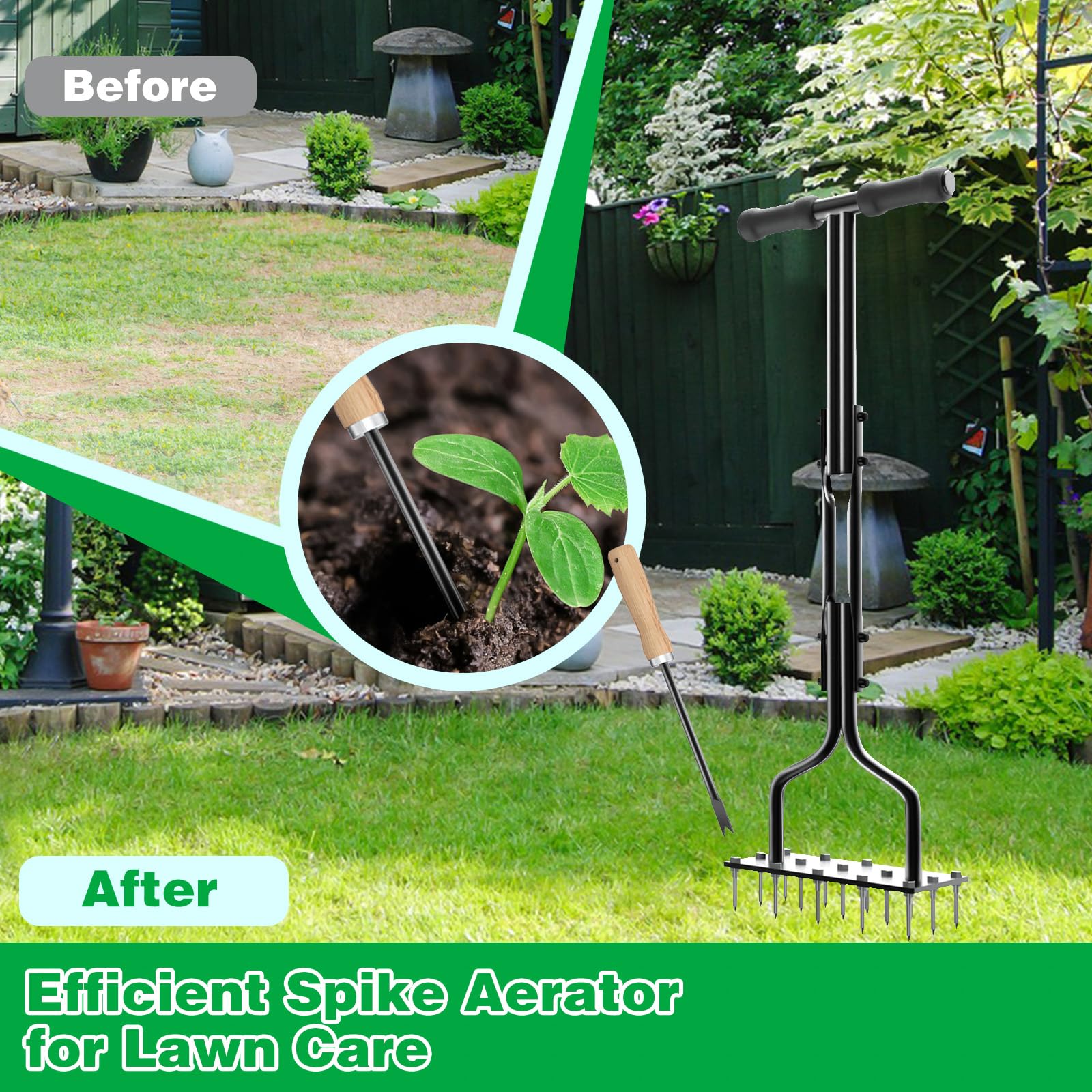 vanpein Lawn Aerator Spike Manual Tool with 15 Iron Spikes, Garden Grass Aeration Tools Hand Air Aerator & Clean Tool for Aerating Lawns & Yard Care, Loosening Soil, 36β