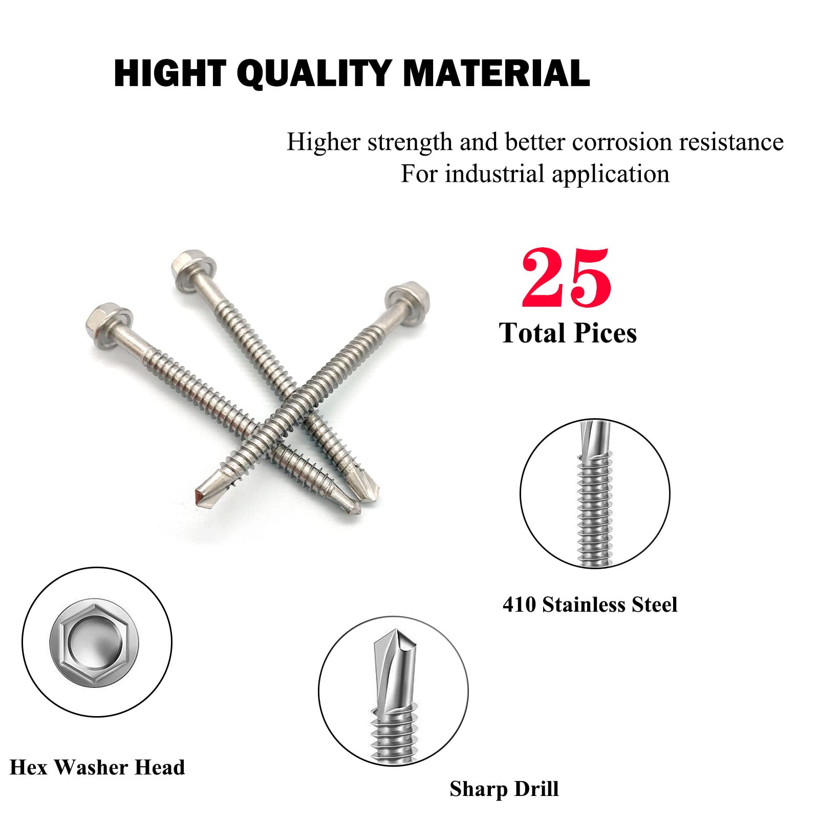 Yoliko #14 x 3" (1" to 3" Available) Hex Washer Head Self Drilling Screws, 410 Stainless Steel, Self Tapping Sheet Metal Tek Screws, 25 PCS