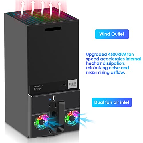 Vertical RGB LED Cooling Fan for Xbox Series X Console, Upgraded External USB Powered Cooling System Accessories Cooler Stand for Xbox Series X, Dual 4500RPM Fan, On/Off Touch Button, 2.0 USB Hub Port