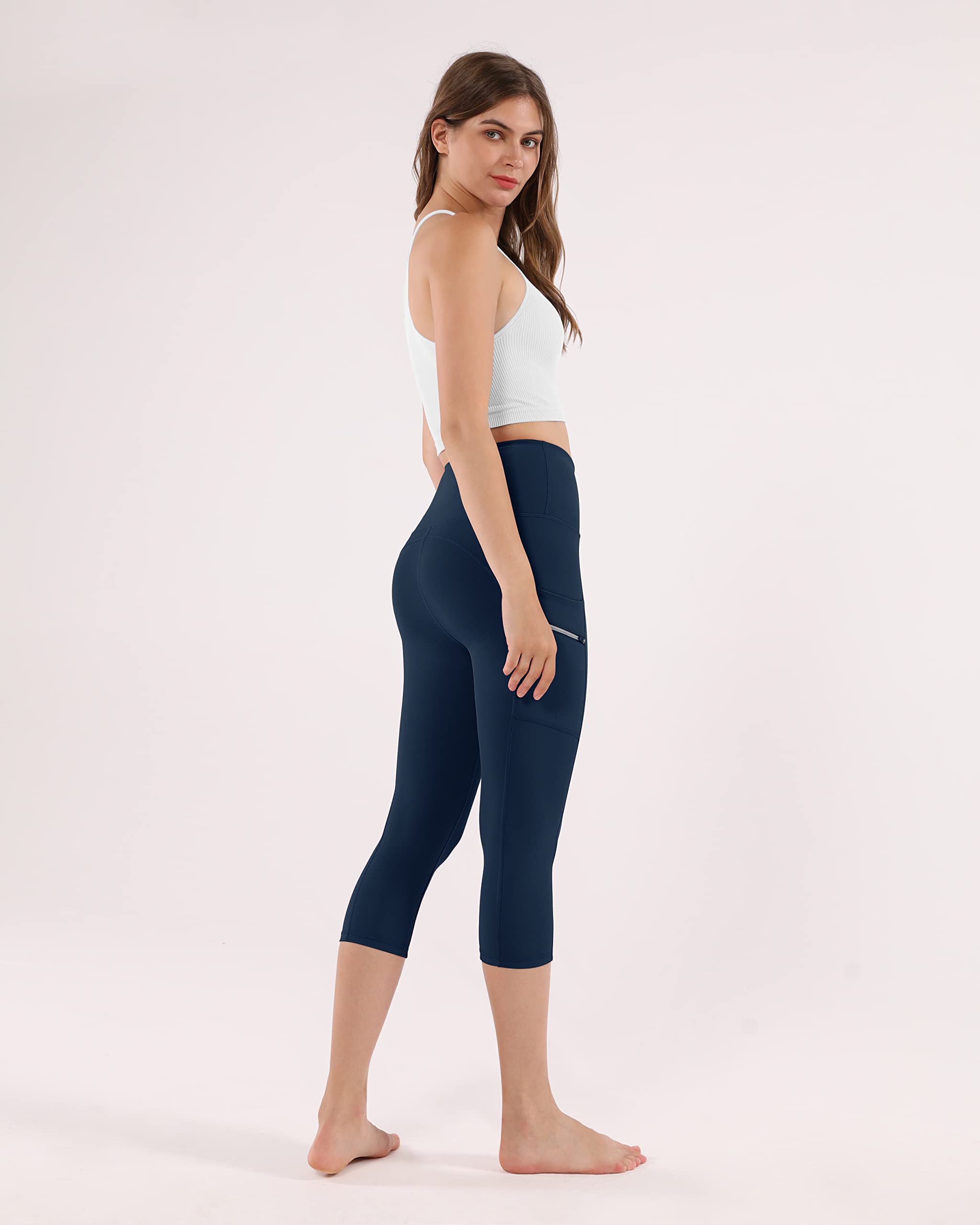 ODODOS Women's High Waisted 19" Inseam Dual Pockets Workout Capris, Yoga Running Gym Athletic Capris Leggings, Navy, Medium