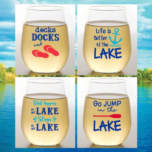 Set of 4 Shatterproof Designer 16 oz Plastic Wine Glasses MADE in the USA (LAKE)