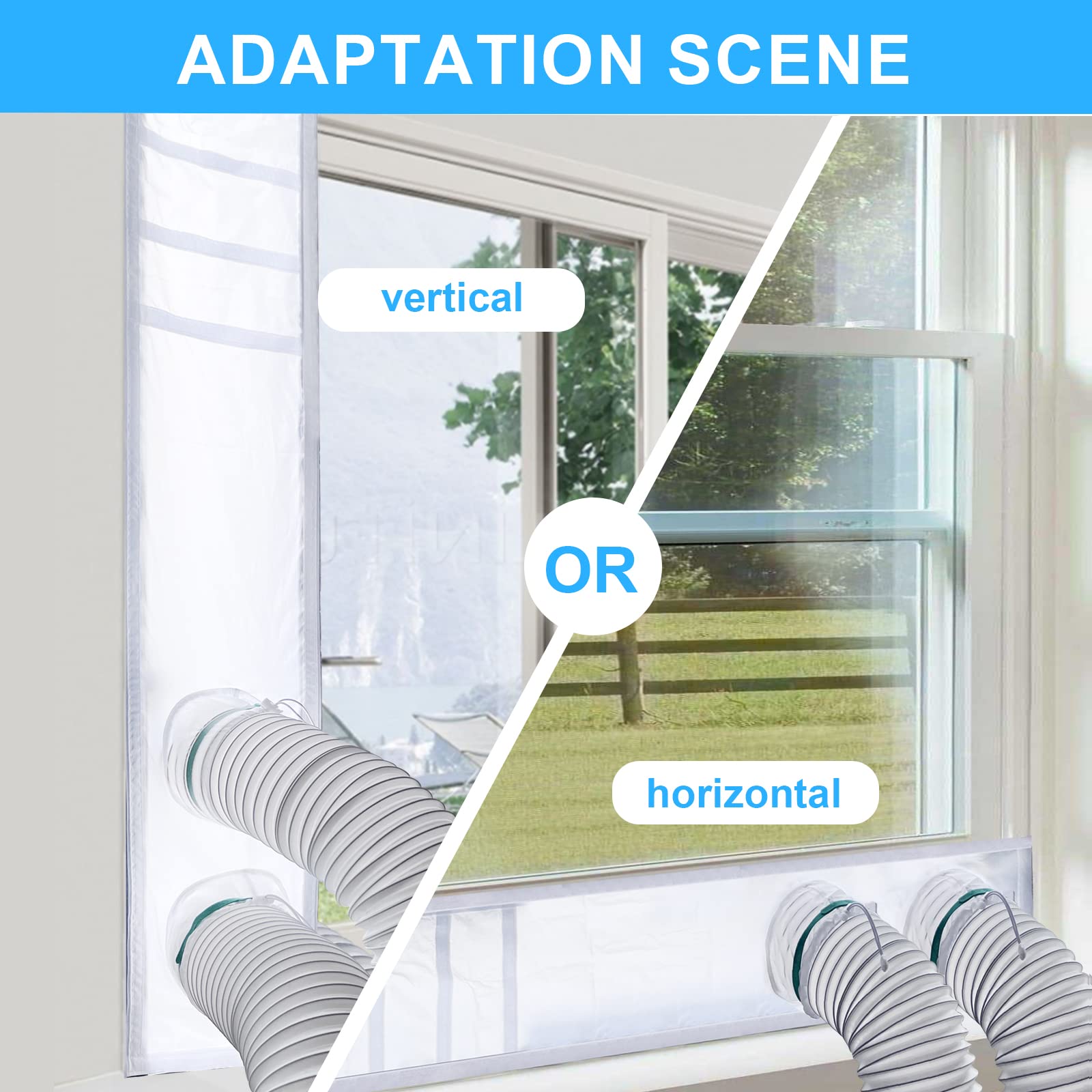 Vansza Portable AC Window Seal Kit, Upgraded 100% Sealed One-Piece Design Window Seal for Portable Air Conditioner with Drawstring and Adhesive Fastener (Dual-Hose Design 25 * 102~162cm)