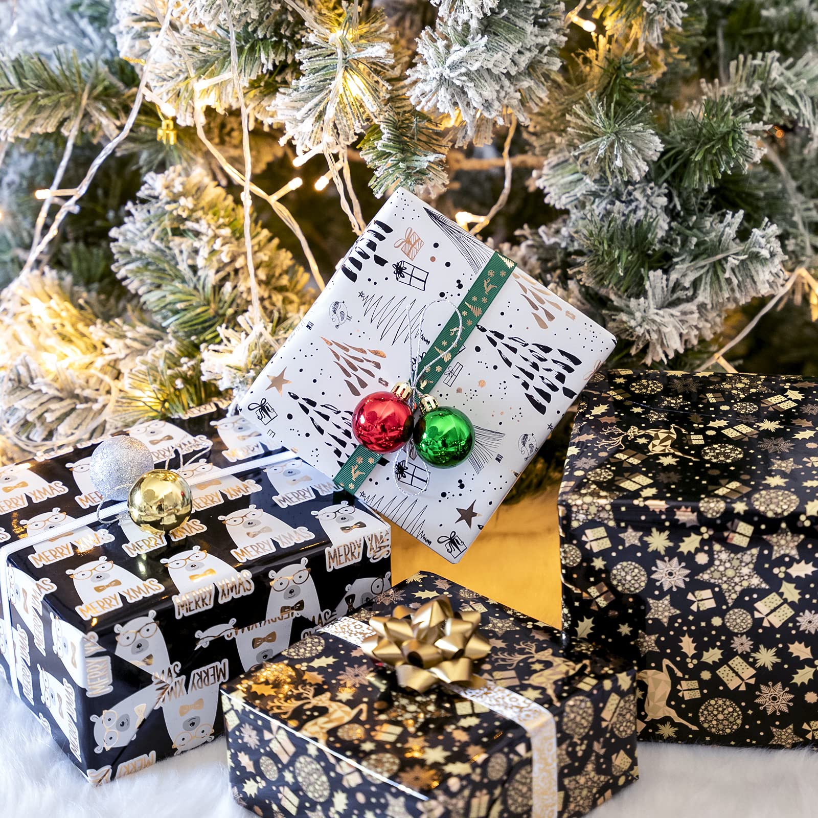 MAYPLUSS Christmas Wrapping Paper Set - Mini Roll with Bow & Ribbon & Gift Tags & Stickers- 17 inch X 120 inch Per roll - Blue Design (42.3 sq.ft.TTL)