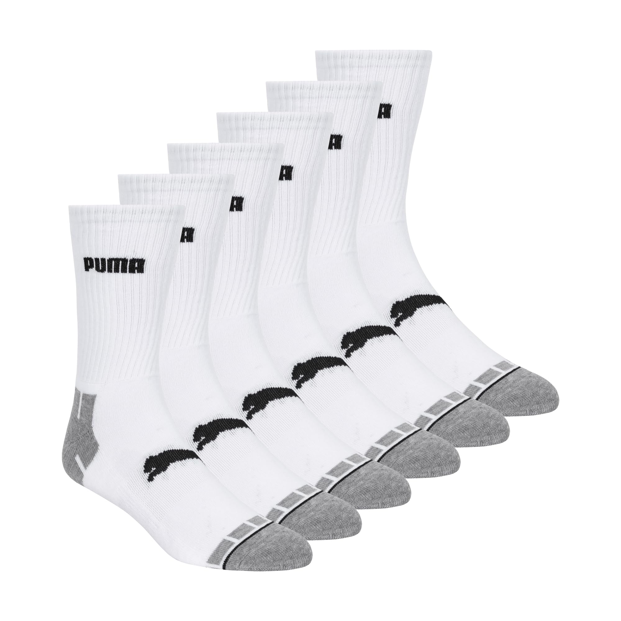 PUMA mens 6 Pack Crew running socks, White/Black, 13-15 US