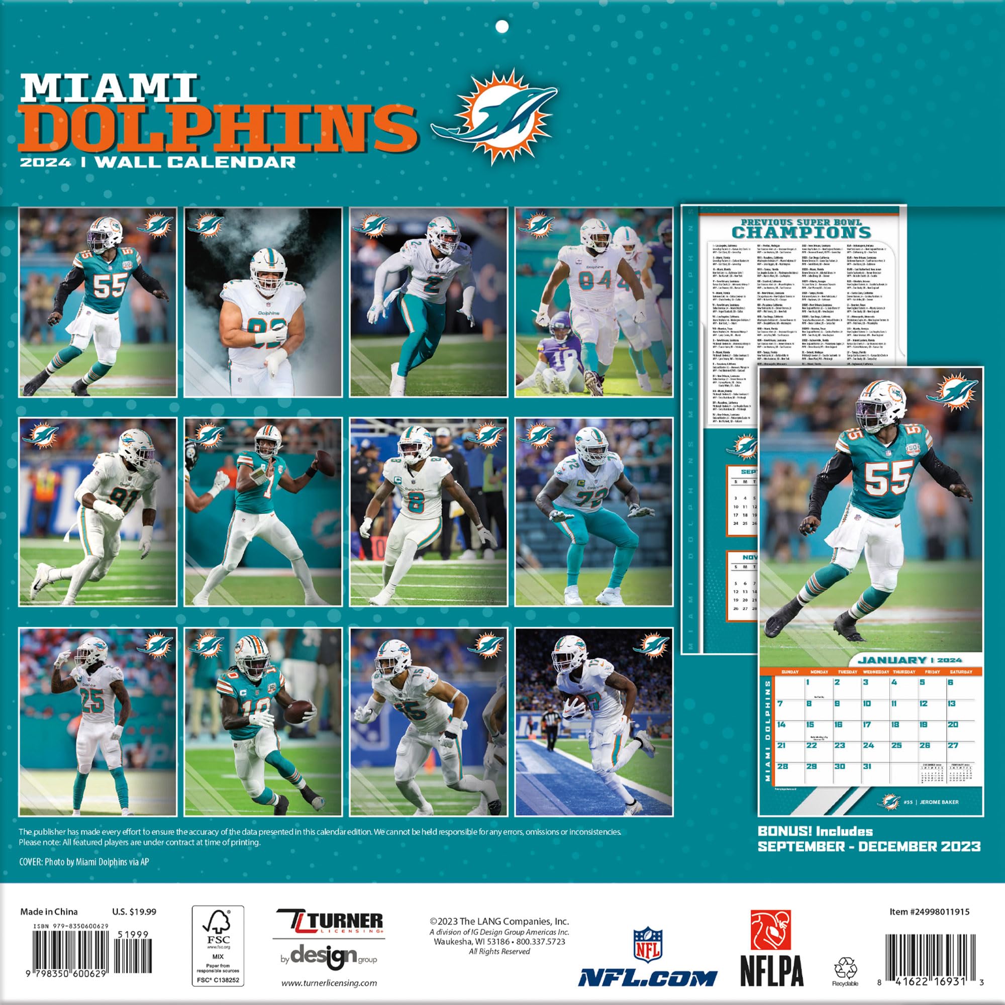 Miami Dolphins 2024 12'' x 12'' Team Wall Calendar