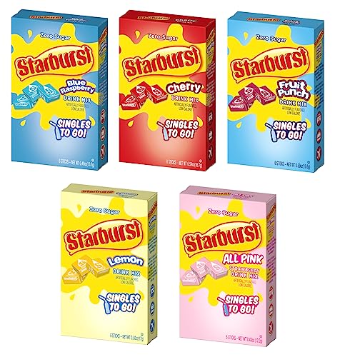 SINGLES TO GO! Starburst Variety pack 5 box, 5 flavor (Raspberry, Cherry, Fruit Punch, Strawberry and Lemon)