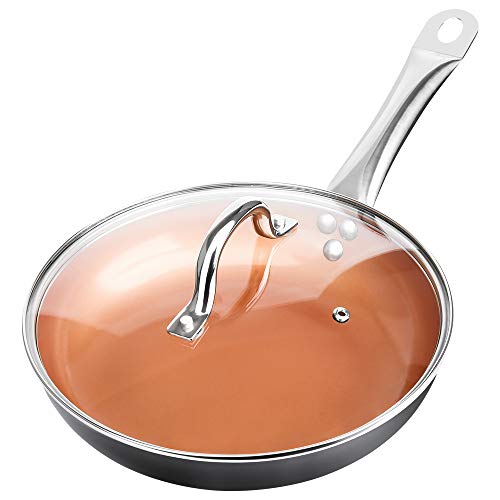 SHINEURI 9.5 inch Copper Nonstick Fry Pan with Lid, Ceramic Omelet Pans for Induction, Gas, Electric & Stovetops, Perfect for 2-3 Person Meal (Black)