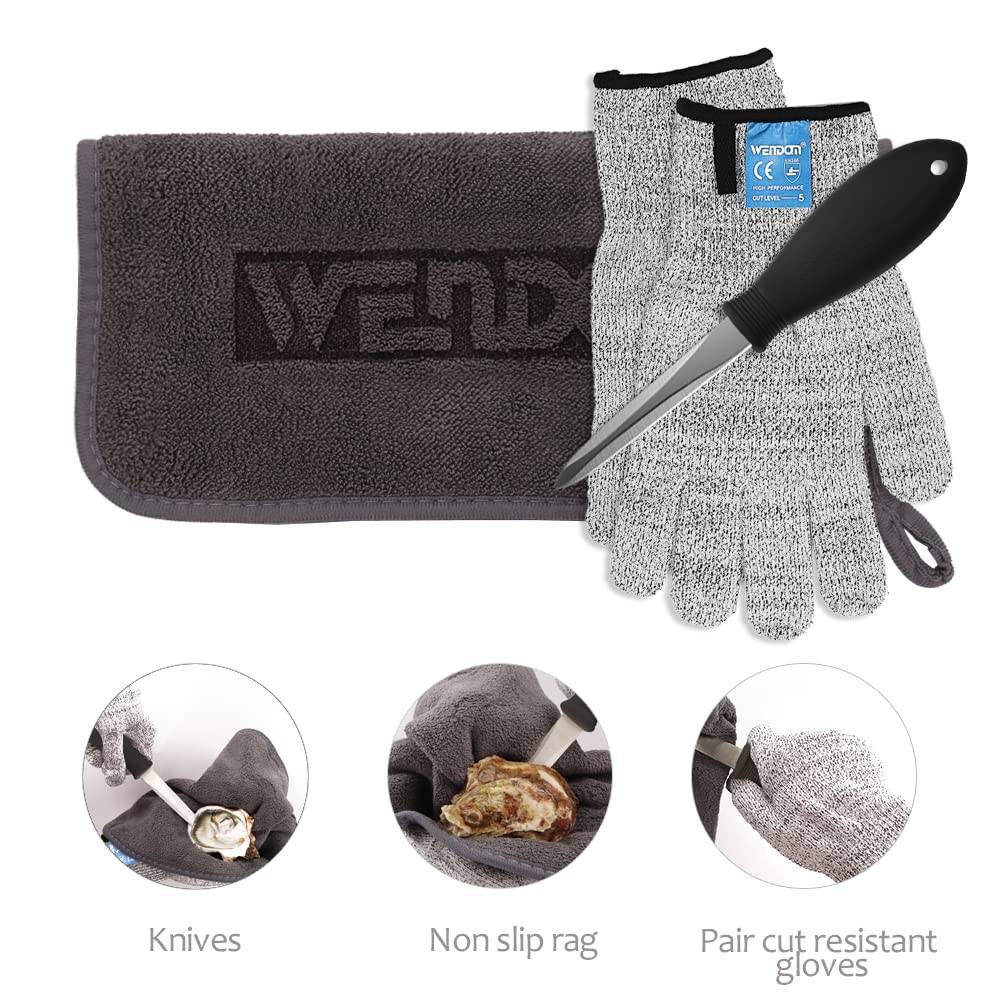 WENDOM Oyster Shucking Knife with Cut Resistant Gloves White Non-slip Easy to Grip Handle 3.5'' Oyster Shucker Kitchen Tools(1cloth+1lemon squeezer) (black1, large)