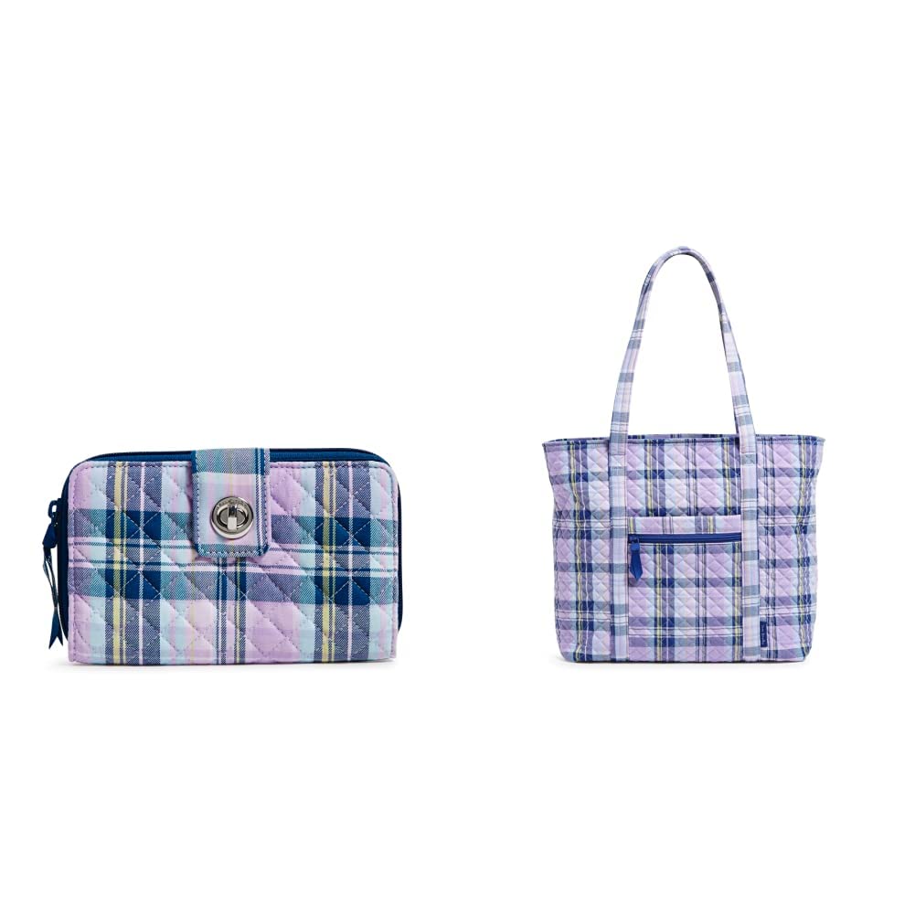 Vera Bradley Turnlock Wallet with RFID Protection, Amethyst Plaid-Recycled Cotton Vera Tote Bag, Amethyst Plaid-Recycled Cotton
