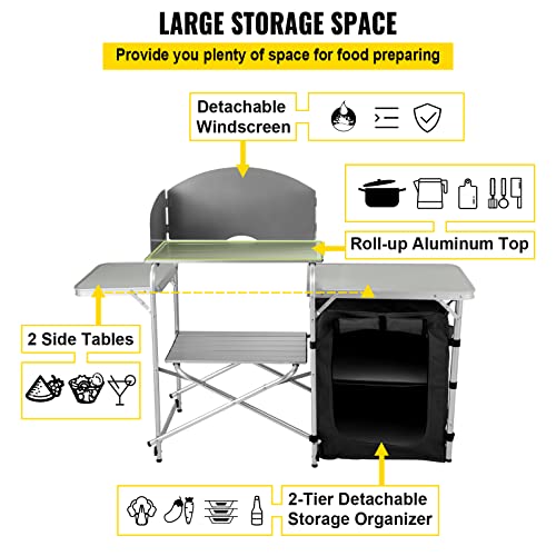 VEVOR Camping Kitchen Table, Aluminum Portable Folding Cook Station with Windscreen Cupboard, Storage Organizer Carrying Bag, Quick Installation, Outdoor Picnic Beach BBQ RV Traveling, Black