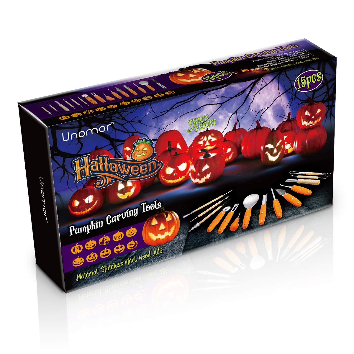 Unomor Halloween Pumpkin Carving Tools Kit, 15 PCS Professional Pumpkin Carving Set Includes Wooden Sculpture Knife Saw Marker for Halloween Pumpkin Decoration, Easily Carve Jack-O-Lantern