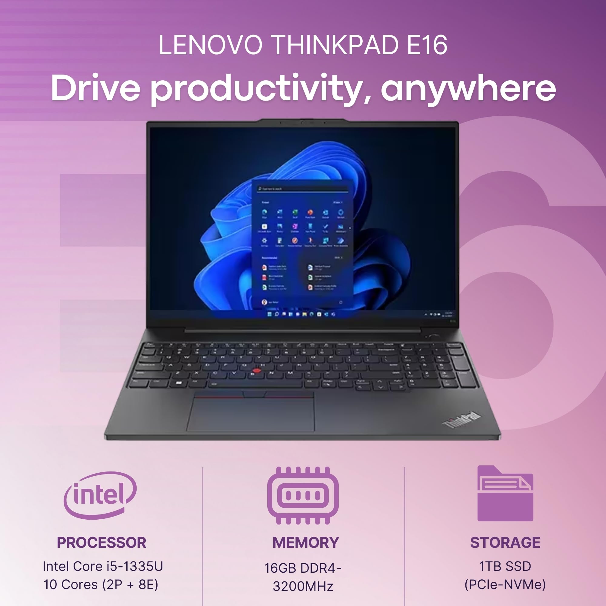 Oemgenuine Lenovo ThinkPad E16, WUXGA 16" IPS, Intel Deca Core i5-1335U (Beats i7-1255U), 16GB RAM, 1TB NVMe, FP, Backlit KB, WiFi 6 + BT, RJ-45, FHD Webcam, W11P, Business Laptop