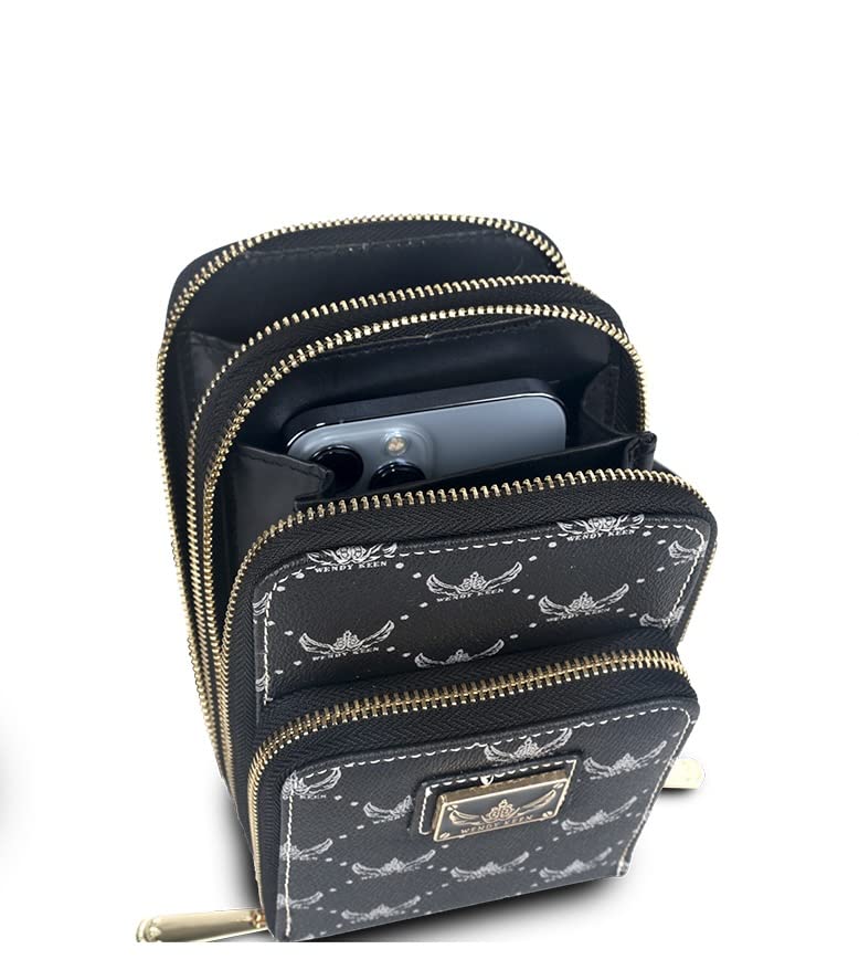 Wendy Keen Monogram Small Cellphone Crossbody Bag for Phone, Money, Wallet with Credit Card Slots (Black)