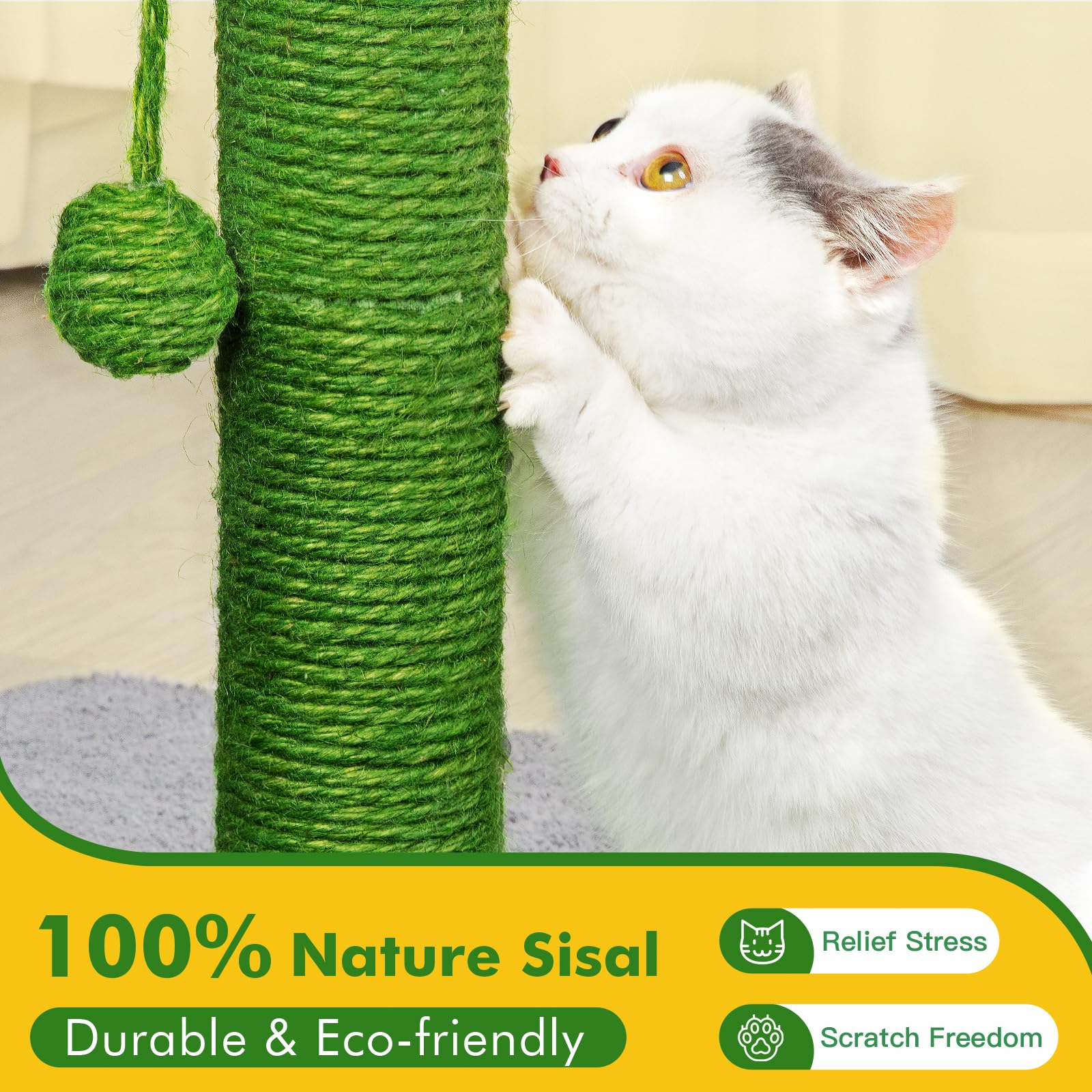 Mora Pets Cat Scratching Post Sisal Cat Scratcher for Large Cats 33 Inch Tall Scratch Post with Dangling Ball Cactus Cat Post for Indoor Kittens