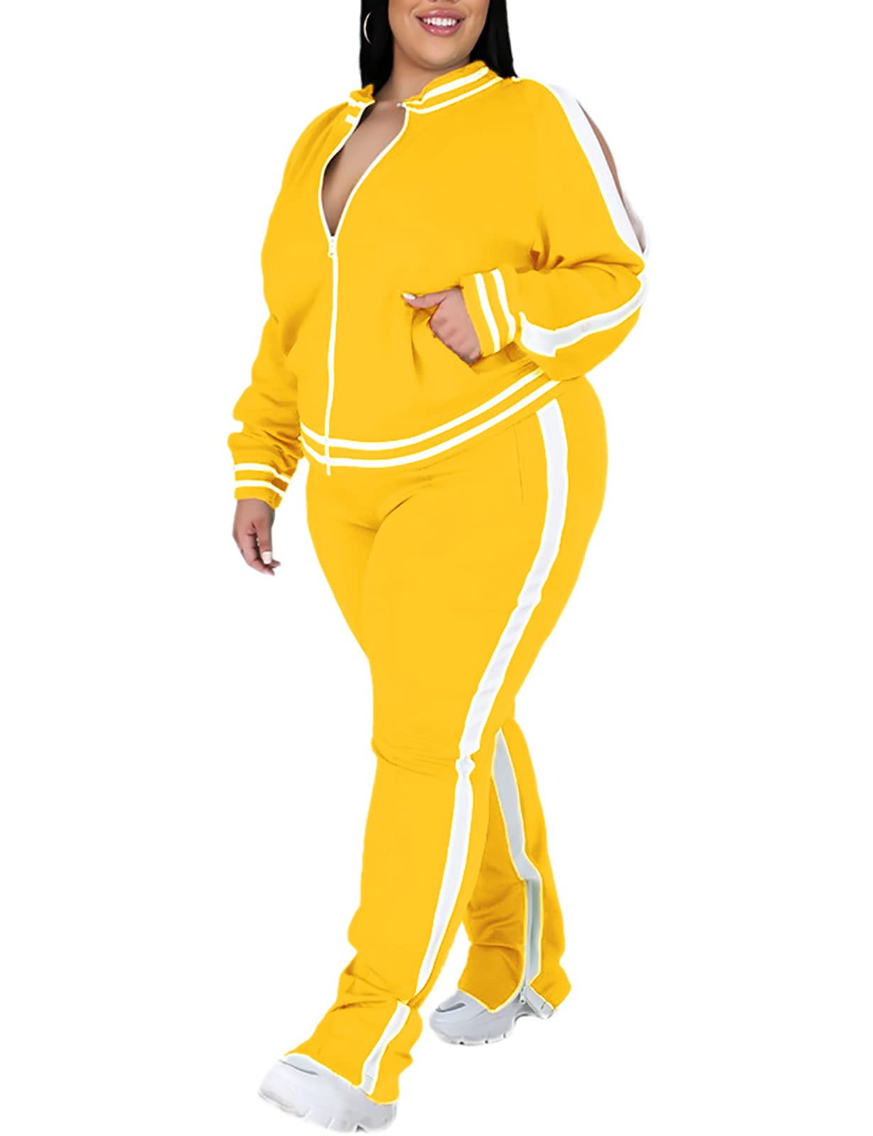 ThusFar Women Plus Size 2 Piece Outfits Jogging Suits - Stripe Long Sleeve Zipper Jacket + Skinny Sweatpants Tracksuits Set Yellow XXL
