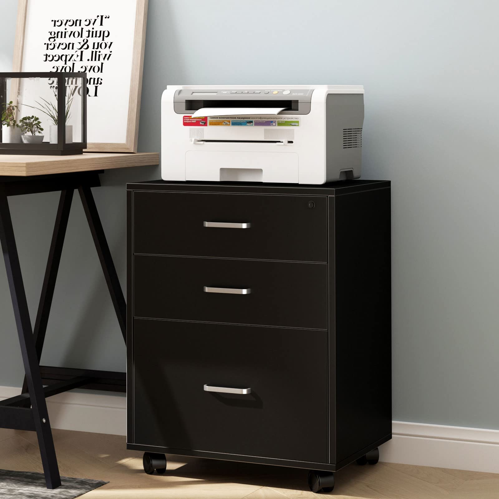 SogesHome File Cabinet with 3 Drawers, Office Storage File Cabinet on Wheels, Under Desk Filing Drawer Storage for Home (Black)