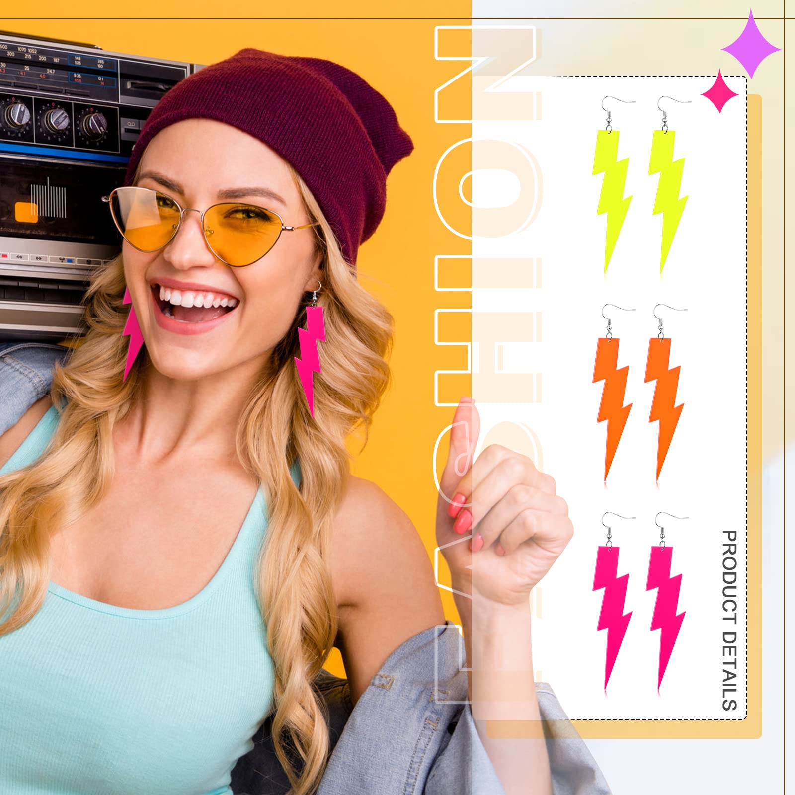 Yinkin 6 Pairs 80s 90s Neon Earrings for Women Retro Neon Earring for 80s 90s Women Outfit Accessories, 6 Colors(Lightning)