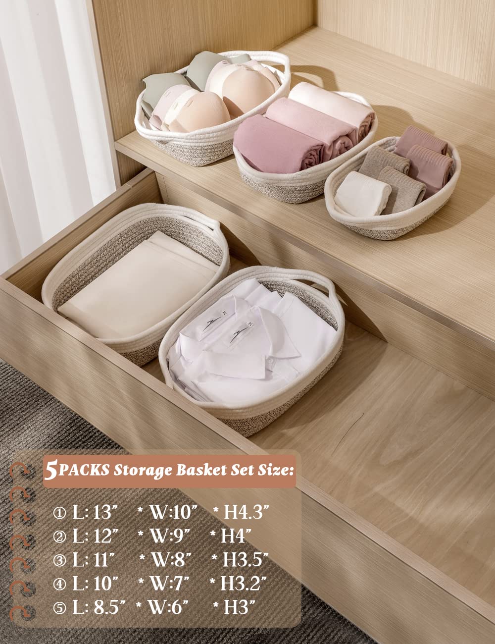 YONOVO 5 Pack Rectangle Storage Basket Set, Woven Cotton Rope Shelf Storage Basket with Leather Handles, Home Organizing laundry Bins Baby Nursery, Toy Baskets, Cat Toy Box, Bathroom