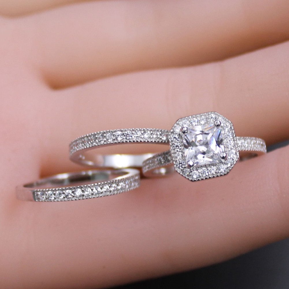 MABELLA Princess Sterling Silver Cubic Zirconia Wedding Engagement Ring Set Gifts for Women,Size 6