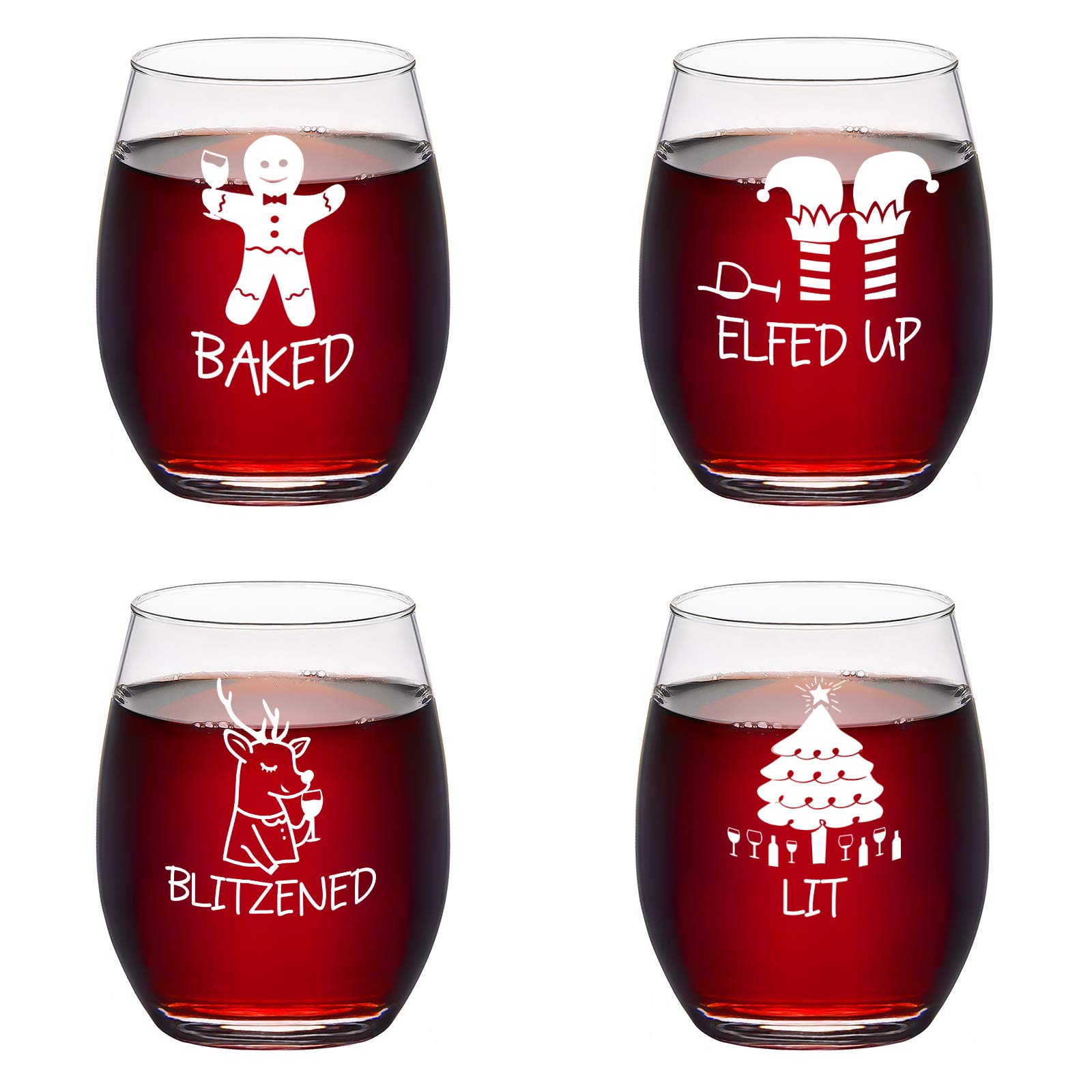 Set of 4 Christmas Stemless Wine Glass - Funny Christmas Themed Wine Glass for Holiday Party Decorative - Unique Christmas Gifts for Family Friends Coworkers or Daily Use 15 Oz