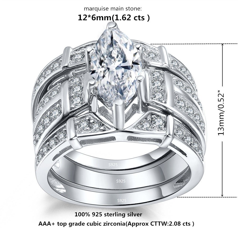 MABELLA Trio CZ Marquise 925 Sterling Silver Wedding Ring Set Bridal Engagement Gift for Women Size 8