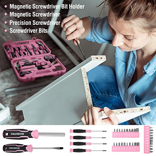 WORKPRO 52-Piece Pink Tools Set, Household Tool Kit with Storage Toolbox, Basic Tool Set for Home, Garage, Apartment, Dorm, New House, Back to School, and as a Gift - Pink Ribbon