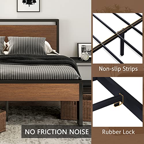 SHA CERLIN 14 Inch Queen Size Metal Platform Bed Frame with Wooden Headboard and Footboard, Mattress Foundation, No Box Spring Needed, Large Under Bed Storage, Light Walnut