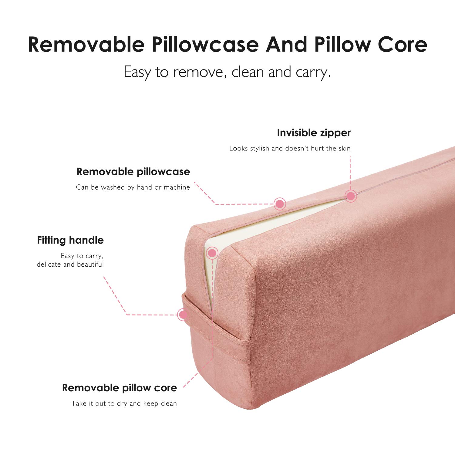 REEHUT Yoga Bolster Pillow, Comfortable Meditation Pillow of Mixed Density, Covered with Machine Washable Suede Pillowcase with Handle (Pink)