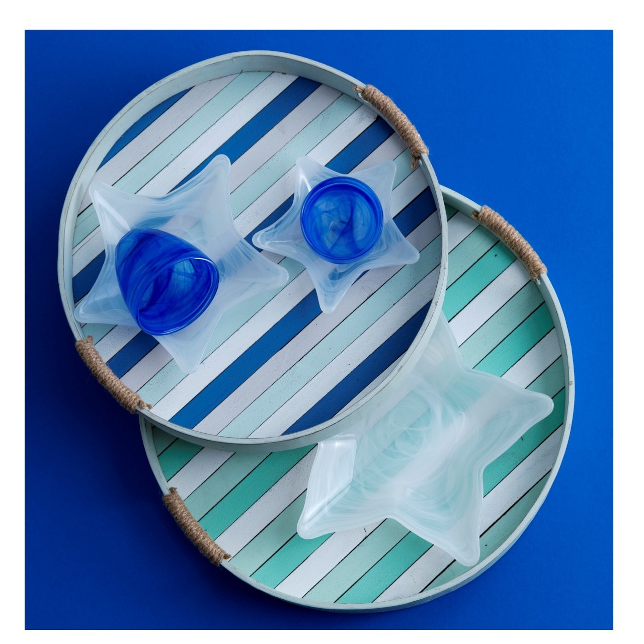 Shiraleah Summerville Round Decorative Tray, Ocean/Sea Foam, Set of 2