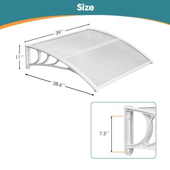 MCombo 39 inch x 38.6 inch Window Awning Outdoor Polycarbonate Hollow Sheet Door Patio Canopy (Clear Hollow Sheet/Pure Bracket+Grey Aluminum Fixing Bar)