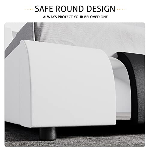 SHA CERLIN Faux Leather King Bed Frame with Adjustable Headboard and Iron Accents, Upholstered Platform Bed with Solid Wooden Slats Support, Noise-Free - Black with White Sides