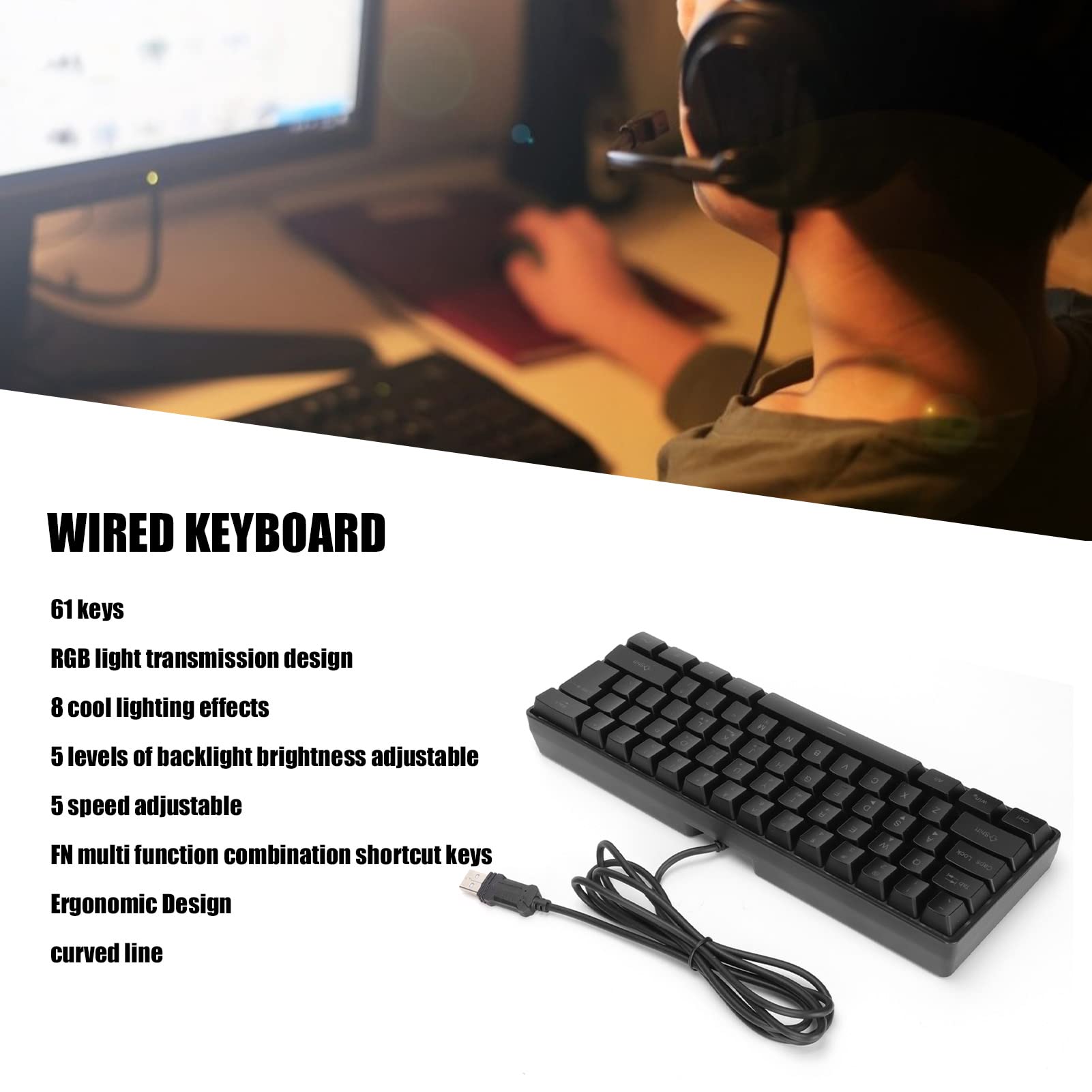 Zyyini Gaming Keyboard, 61 Keys RGB Wired Computer Keyboard, FN Combination Shortcut Keys, 5 Level Adjustment Light, Ergonomic Mechanical Feel Keyboard for Windows