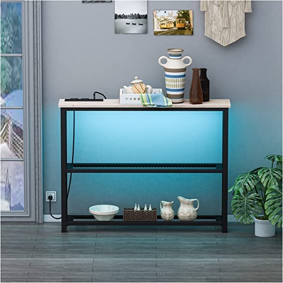 Lvrunben LED Console Table with 2 USB Ports, Multi-Coloured Lights Entryway Storage Shelf with 2 Power Outlets, Living Room Narrow Sofa Accent Table for Hallway, Farmhouse