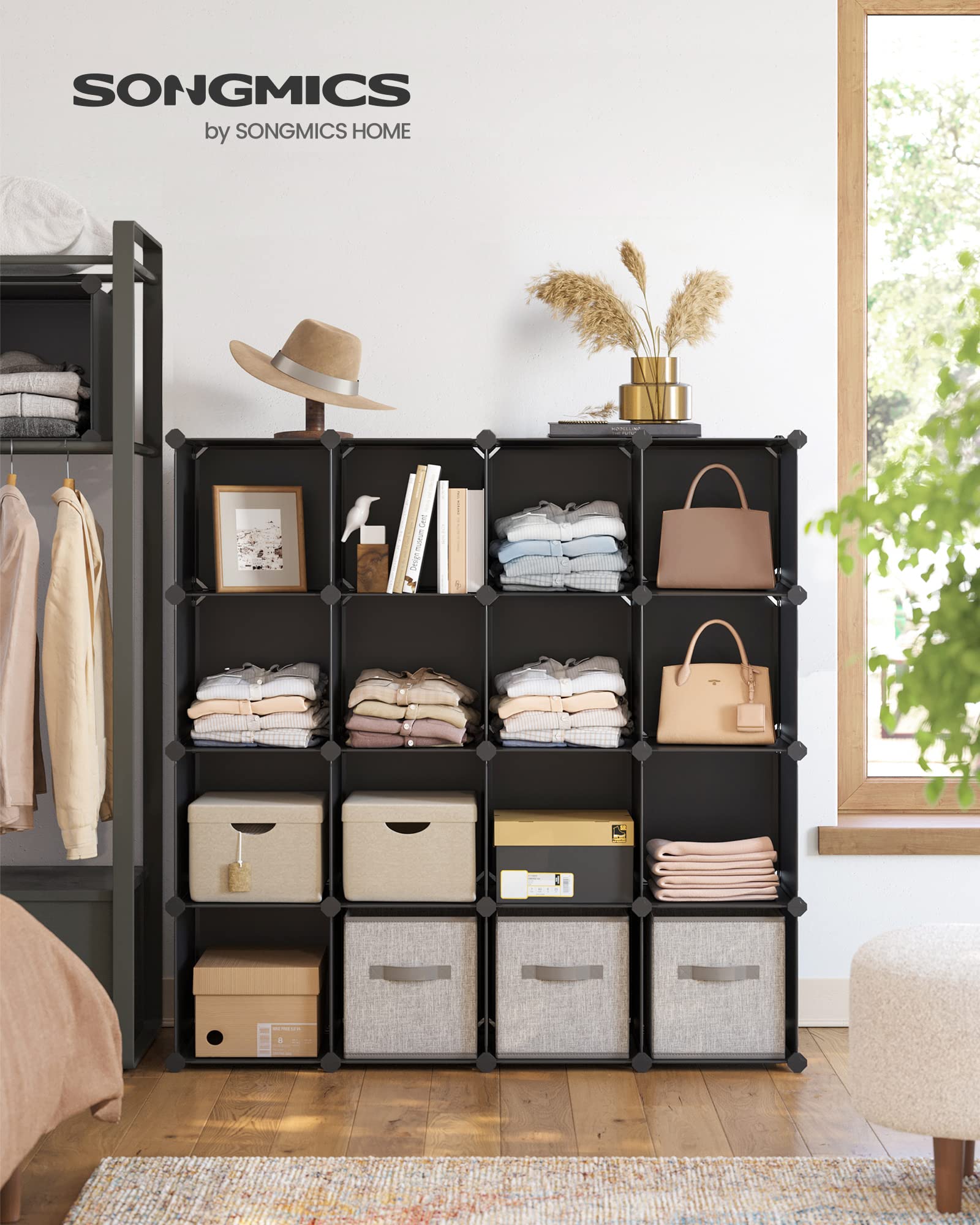 SONGMICS Cube Storage Organizer, Set of 16 Plastic Cubes, Book Shelf, Closet Organizers and Storage, Room Organization, Bedroom Living Room, 12.2 x 48.4 x 48.4 Inches, Black ULPC44BK