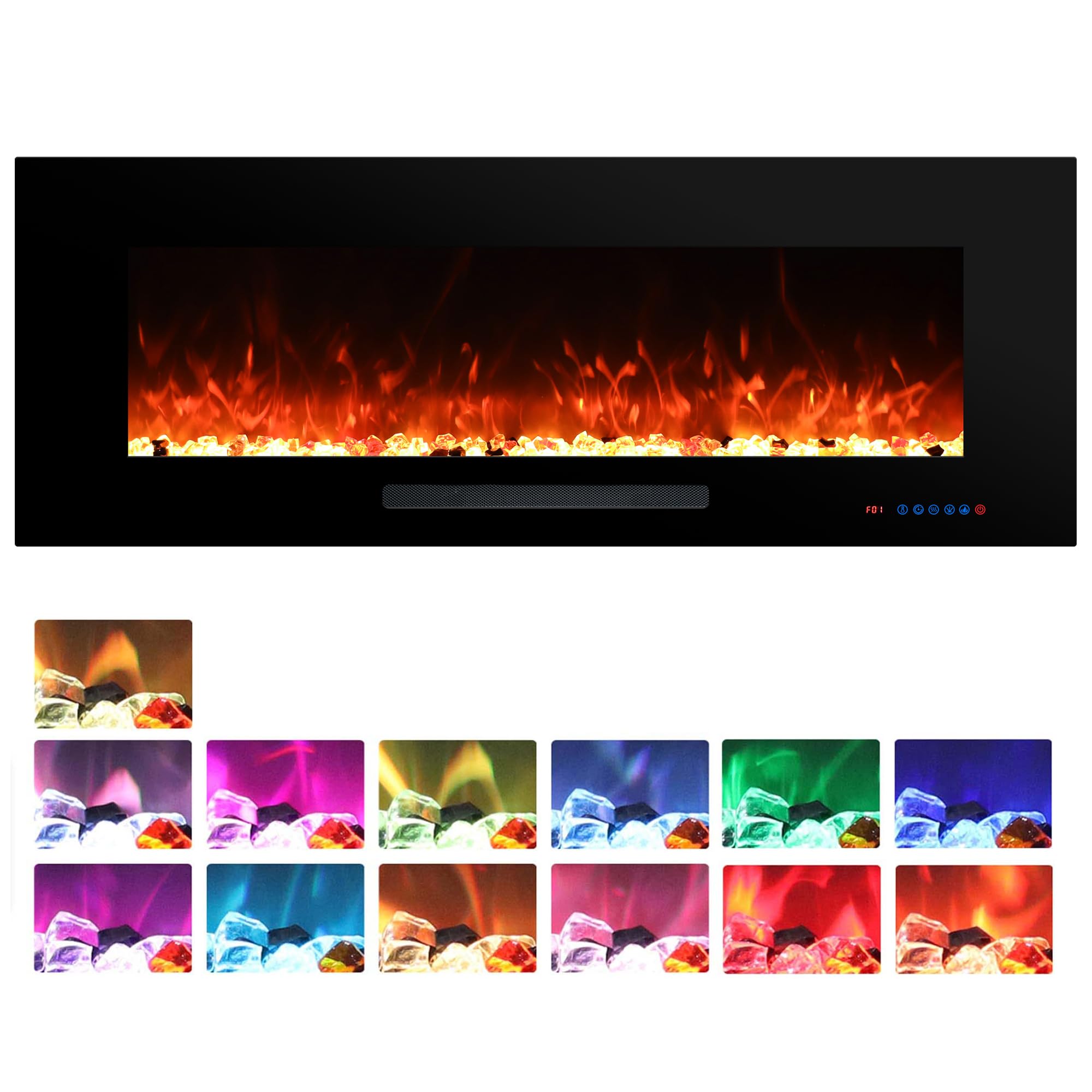 Oxhark Flame 50 inch Electric Fireplace, Wall Mounted and Recessed Fireplace Insert with Remote Control, 13 Flame Effects, 5 Brightness, Realistic Logs & Crystals, 1500W(5100BTU), Timer, Black