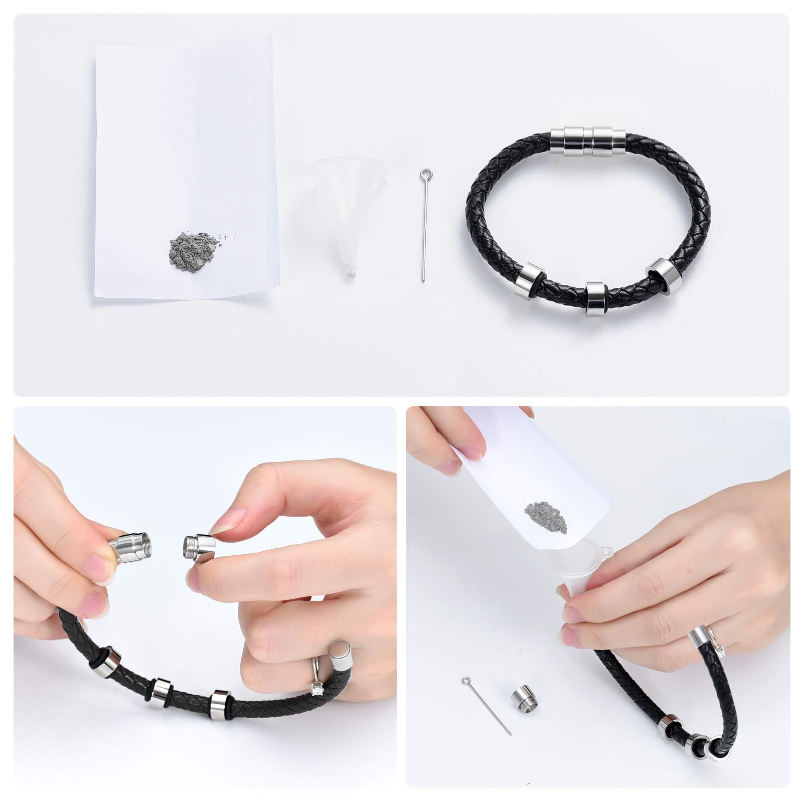 shajwo Cremation Bracelet for Ashes Jewelry for Women Men Genuine Leather Bangle Keepsake Memorial Urn Bracelet,Black 18cm