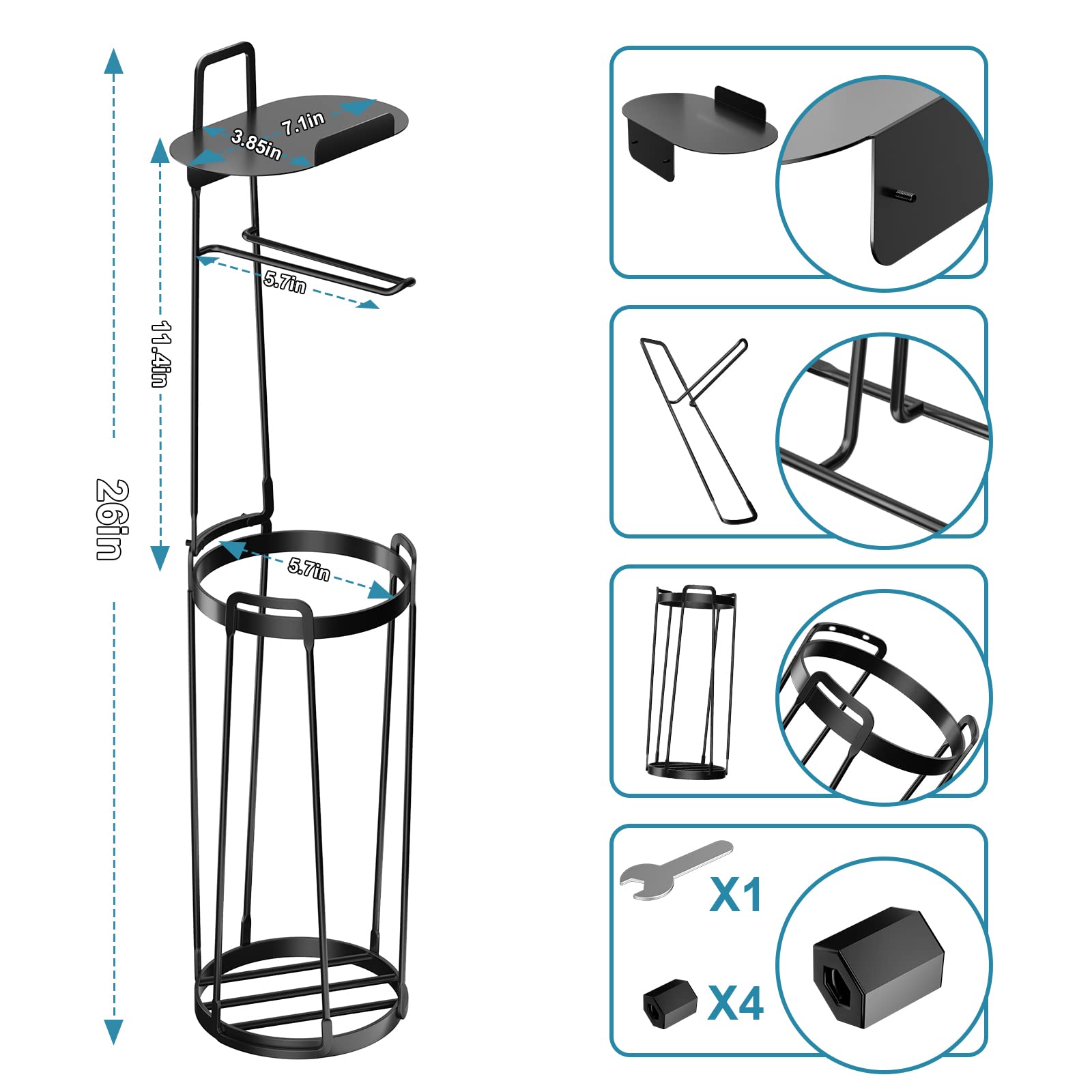 ROLABAM Heavy Weighted Toilet Paper Holder (with Reserve Function and Shelf) Free Standing Toilet Paper Storage,Spare Tissue Paper Roll Holder Storage Stand for Bathroom Total Height 26" ,Matte Black