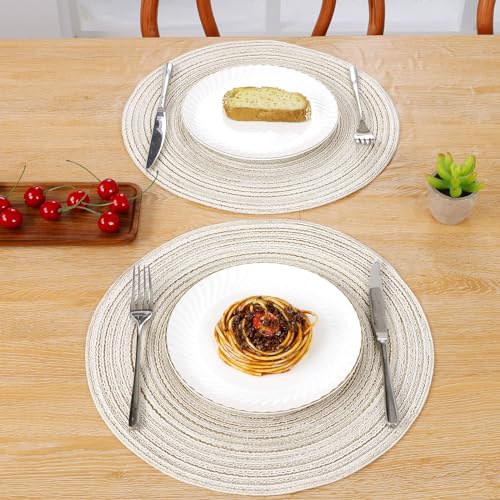 SHACOS Round Braided Placemats Set of 4 Washable Table Placemats Cotton Polyester Place Mats 15 inch Circle Table Mats for Holiday Party (Ivory, 4)