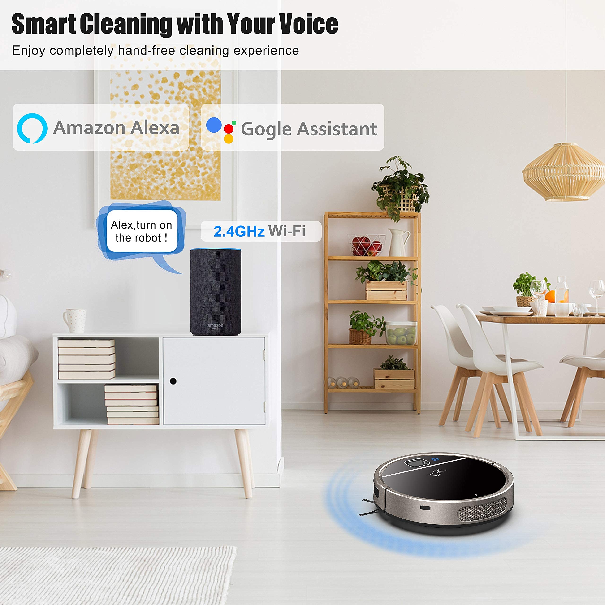 Robot Vacuum Cleaner, Robotic Vacuum Cleaner with 360° Smart Sensor Protectio, 2600mAh, 100mins Run Time, Super-Thin, 6 Clean Modes, Self-Charging, Ideal for Pet Hair, Hard Floors and Carpets